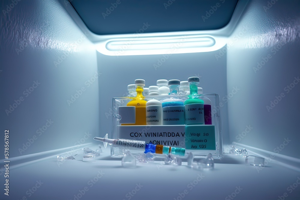 Refrigerator storing COVID-19 Vaccine vials, syringe, labeled SARS-CoV ...