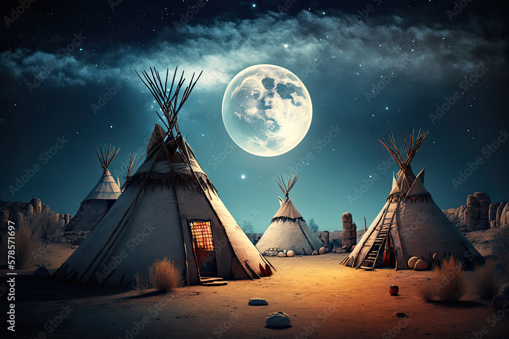 Native American village with traditional native Indian teepees during ...