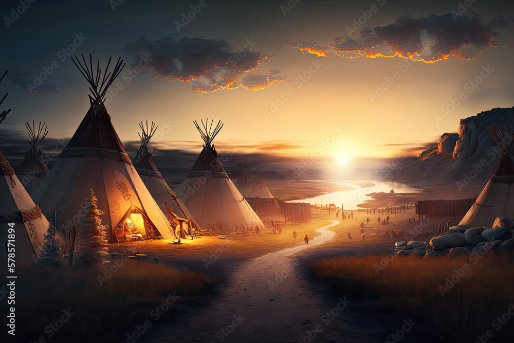 Native American village with traditional native Indian teepees during ...
