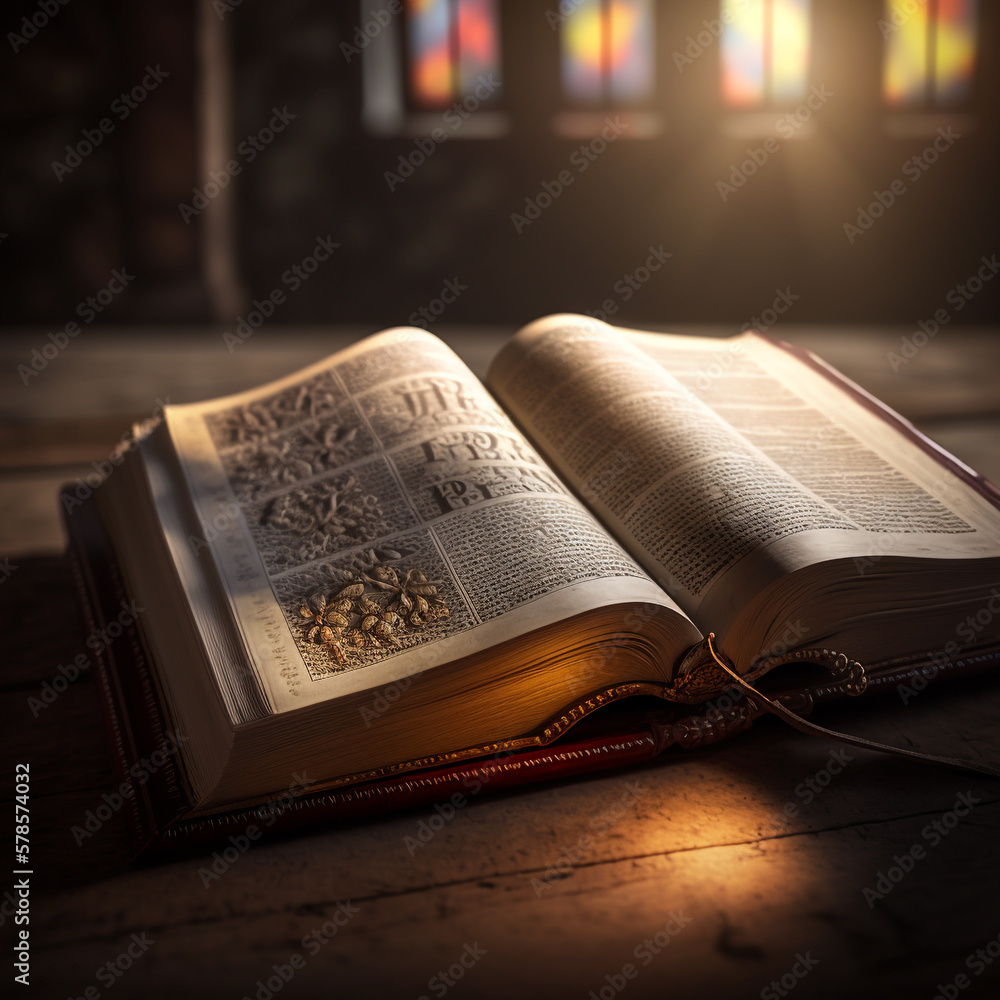 holy bible. An open book is reflected in table. Book as a symbol of ...
