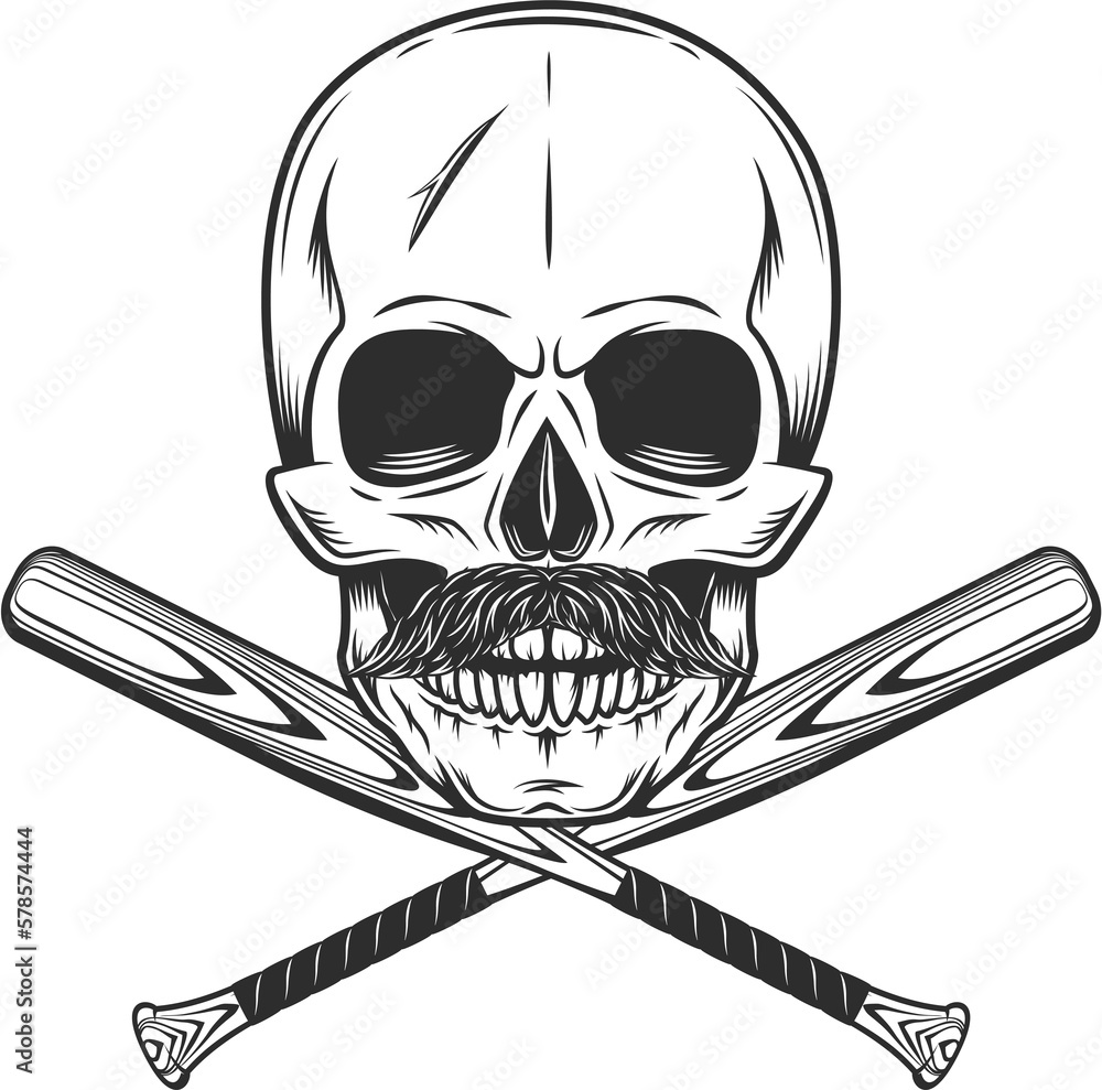 Skull and mustache with baseball bat club emblem design elements ...