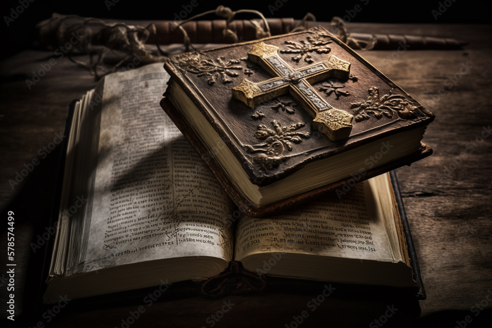 holy bible. An open book is reflected in table. Book as a symbol of ...
