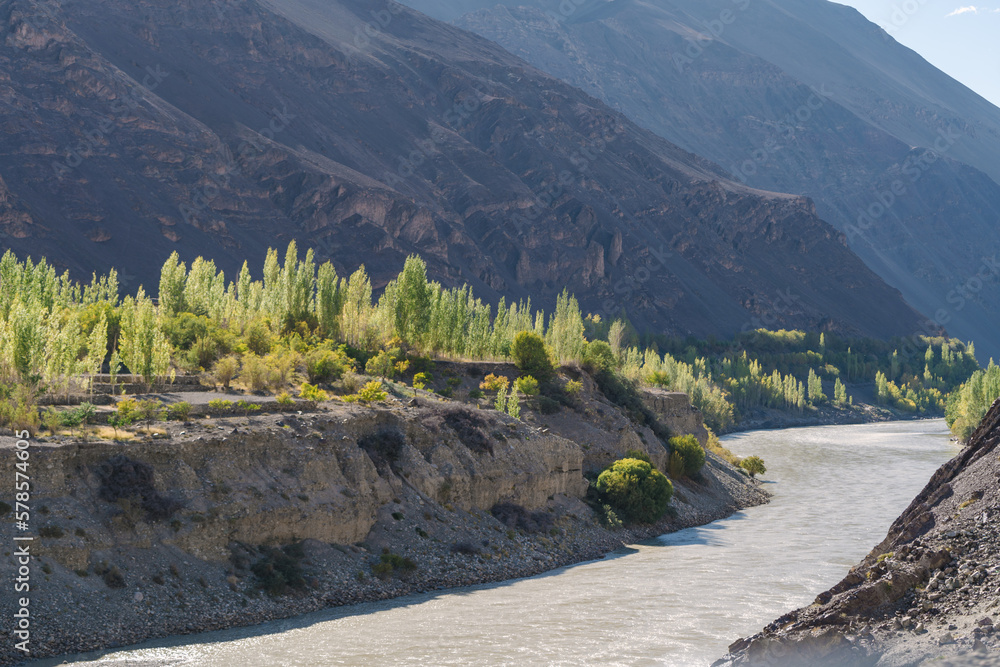 Indus river and mountains on either side at Ladakh, Himalayas, Jammu ...