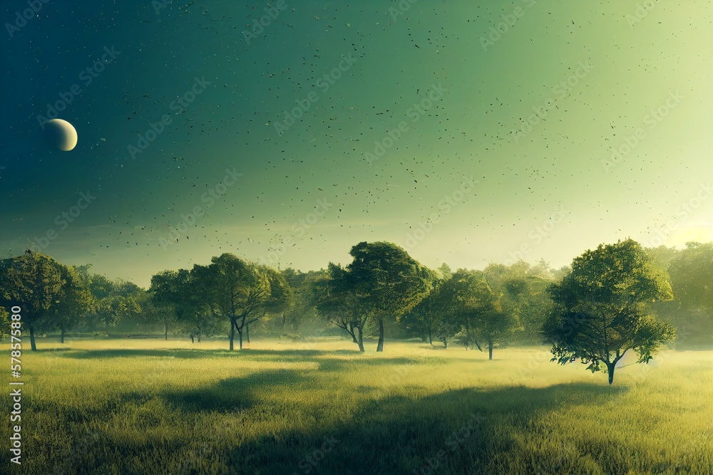 Earth planet with green trees growing on it and birds flying around ...