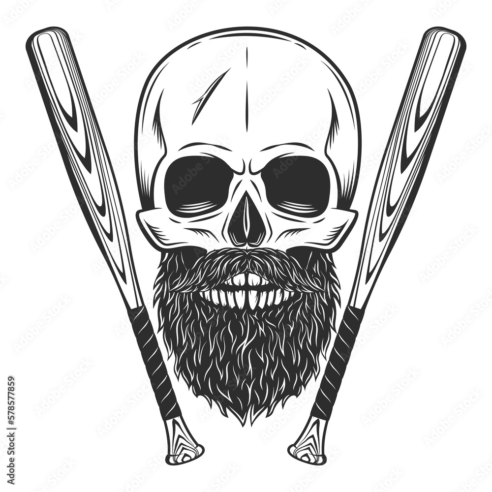 Skull with beard and mustache with baseball bat club emblem design ...