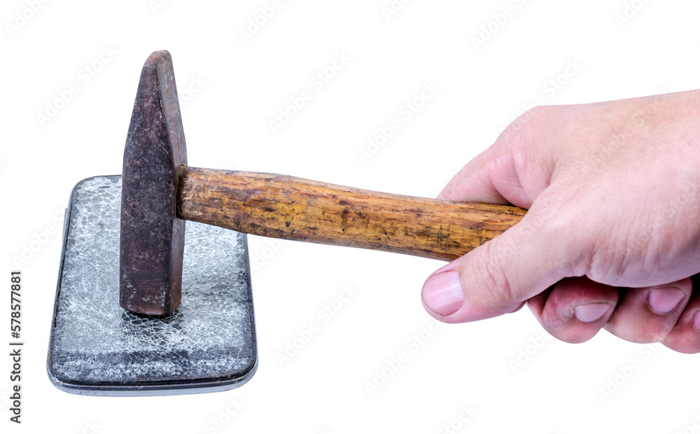 broken screen smartphone smashed by a hammer isolated Stock Photo ...