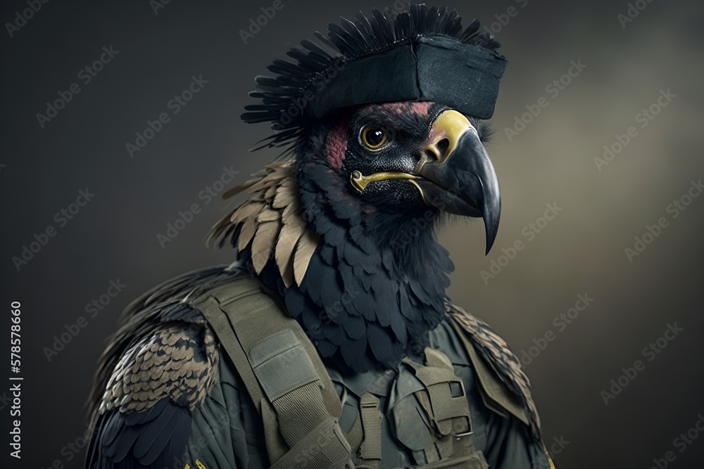 Portrait of an american condor in a tactical military uniform ...