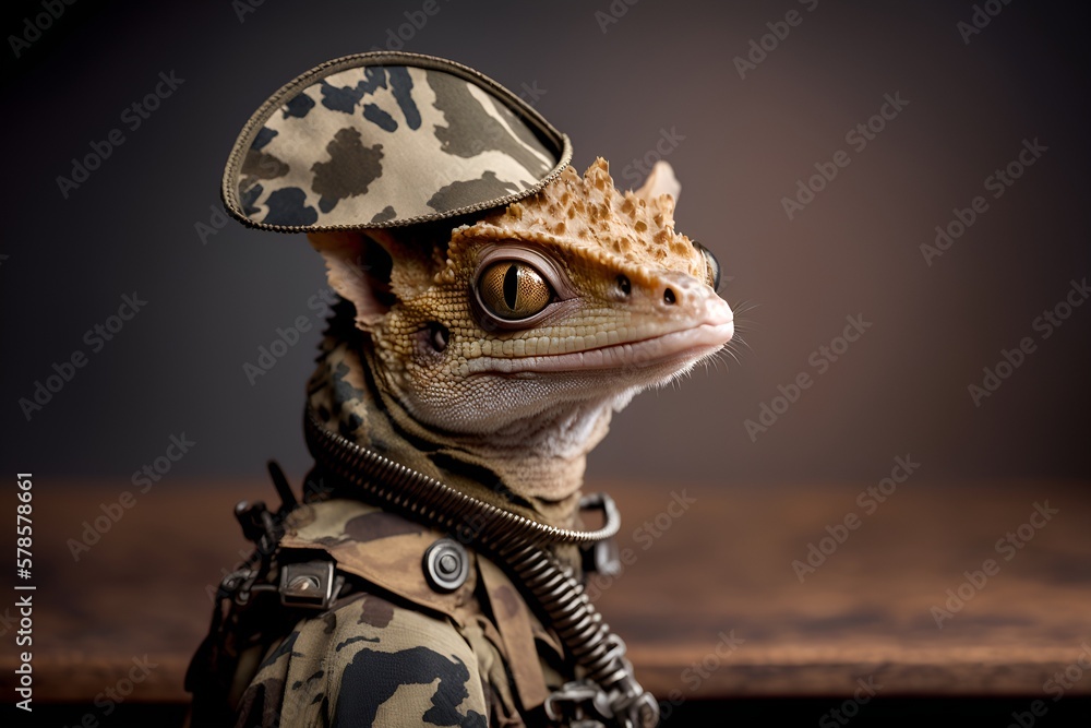 Portrait of a crested gecko in a tactical military uniform, generative ...