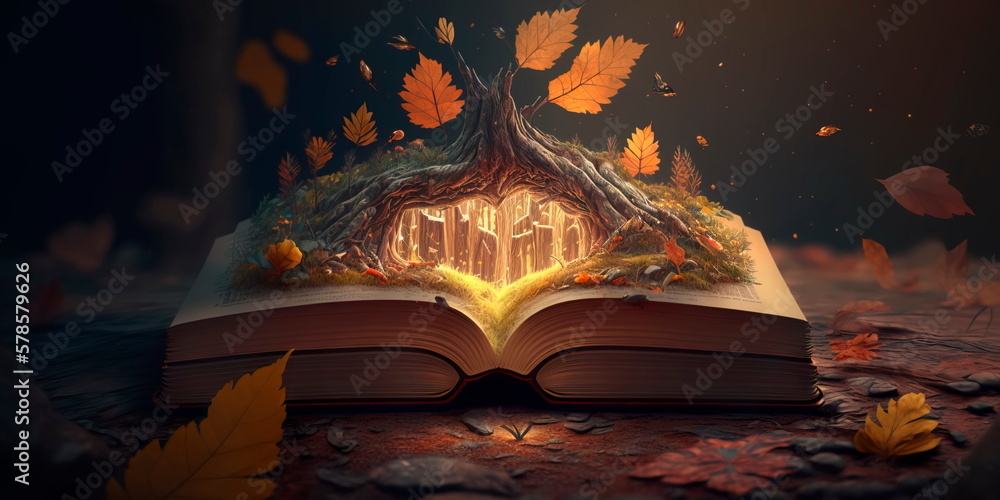 magical forest with a book hidden in a tree stump Generative AI Stock ...