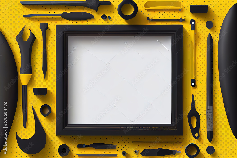 border frame of black-yellow color tools set as background with blank ...