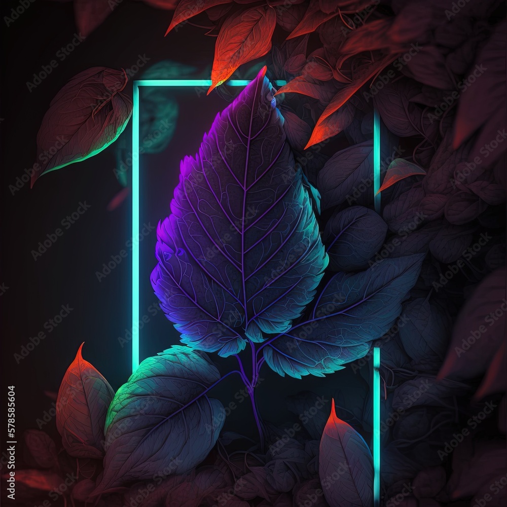 Beautiful colorful tropical leaves with neon frame on dark background ...