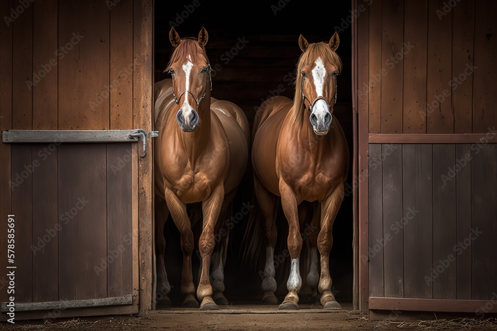 Purebred anglo-arabian chestnut horses standing at the barn door, AI ...