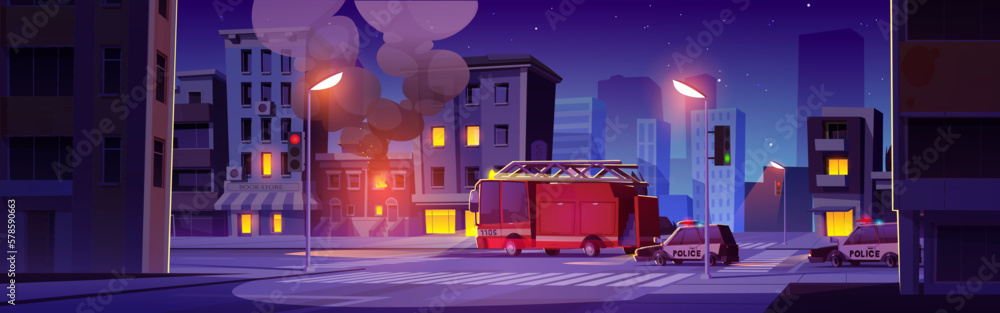 Fire in house, firefighter truck and police car on city street at night ...