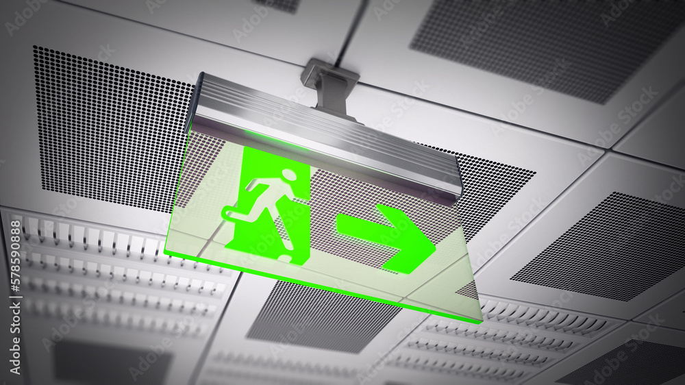 Exit sign hanging on suspended ceiling. 3D illustration Stock ...