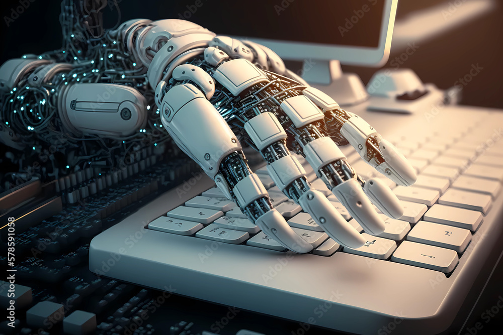Robotic hand in typing on keyboard. Generative ai design. Stock ...