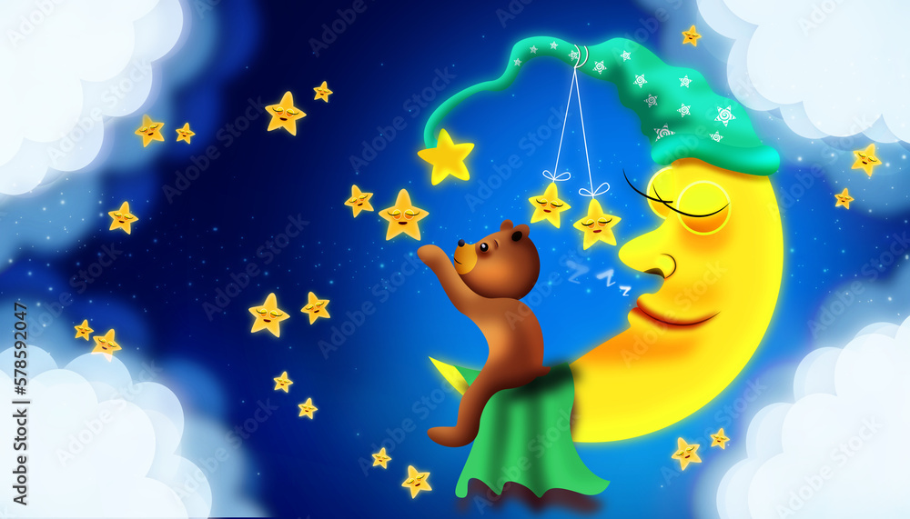 cute bear cub sitting collecting stars on a cartoon moon, night fantasy ...