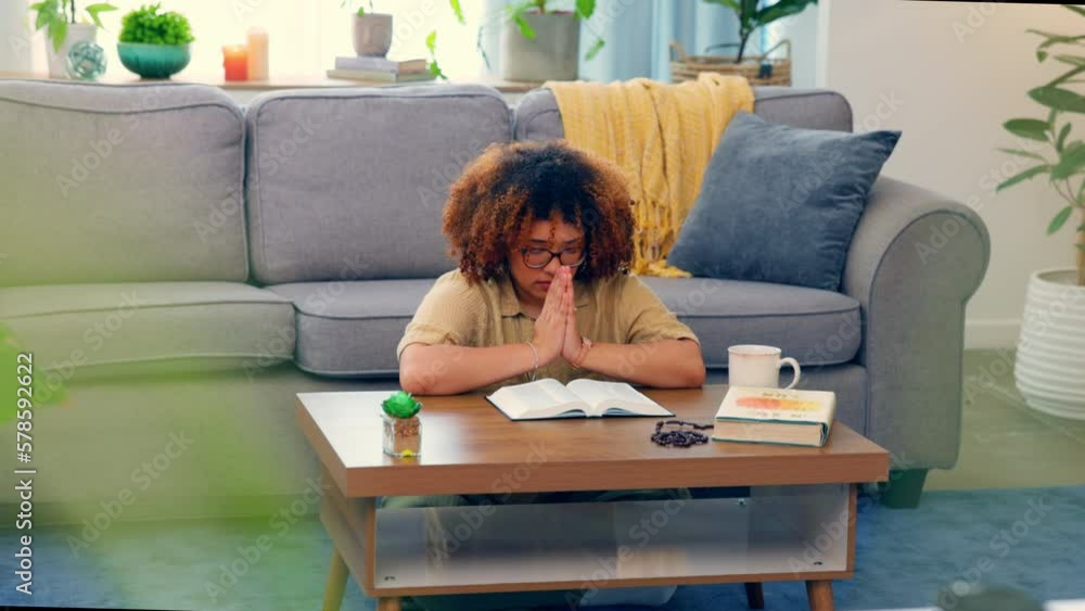 Christian woman, bible and prayer in home lounge for spiritual faith ...