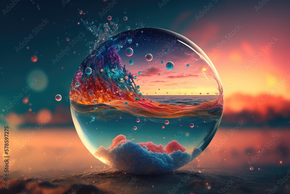 Iridescent sphere water bubble, trapped swirling waves inside, floating ...