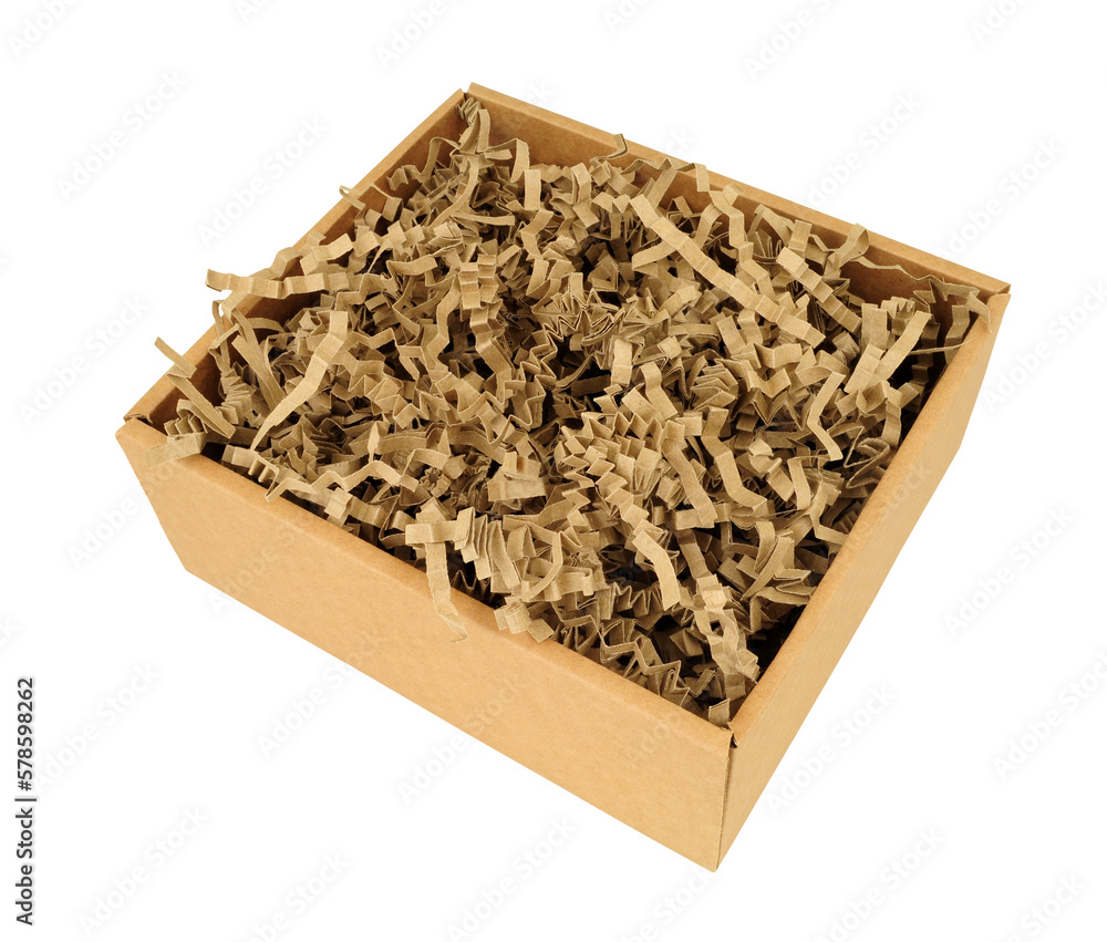 Foto de Cardboard box filled with zig zag shredded paper strips packing ...