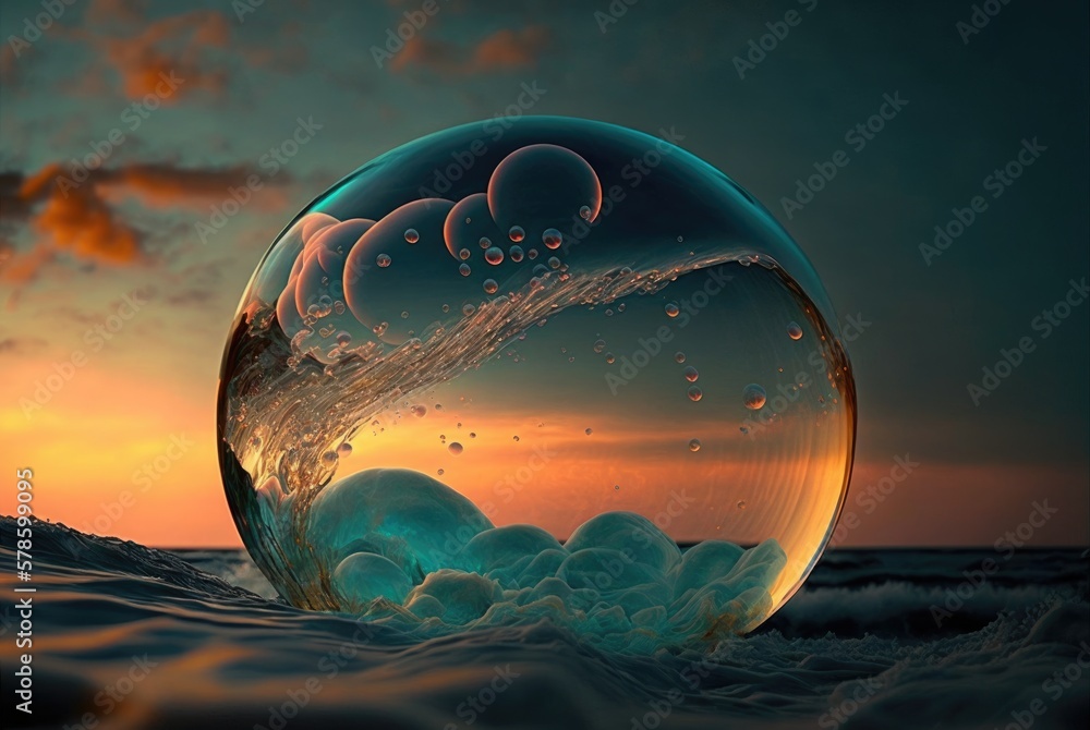 Water bubble, Iridescent multi-color sphere floating on ocean waves ...