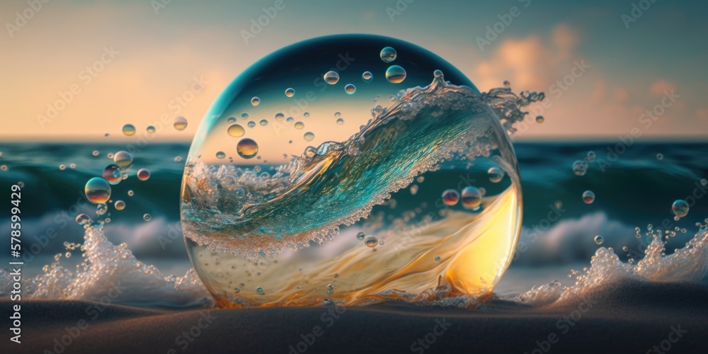 Water bubble, Iridescent multi-color sphere floating on ocean waves ...