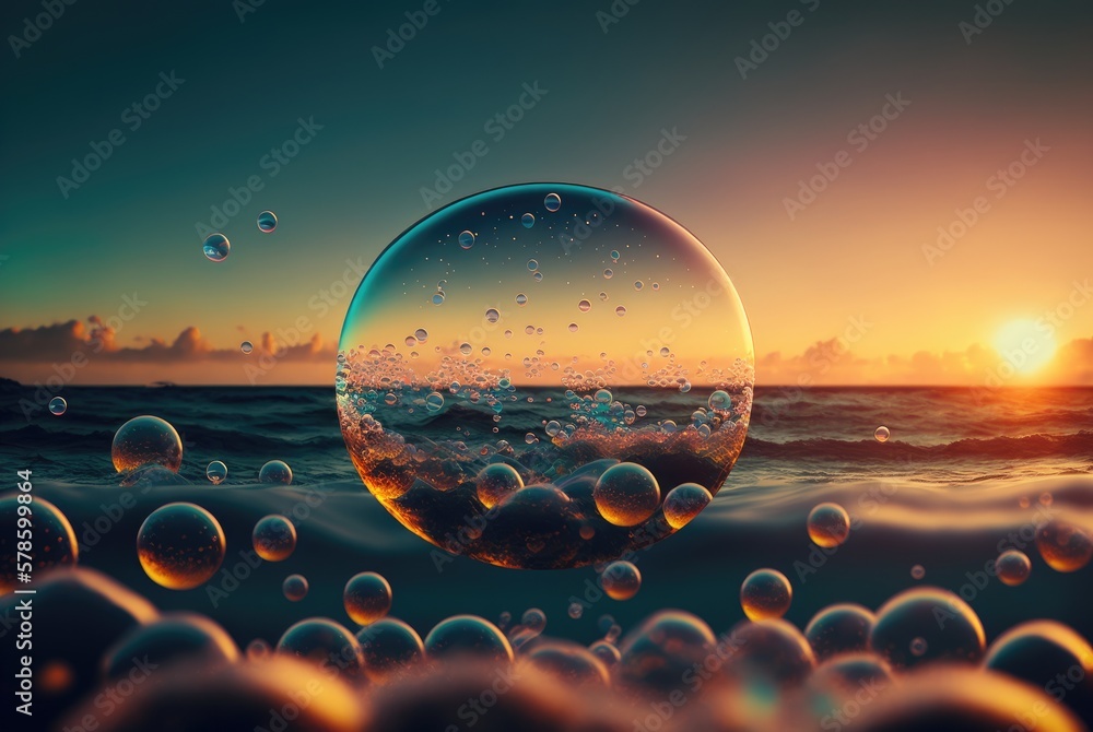 Water bubble, Iridescent multi-color sphere floating on ocean waves ...