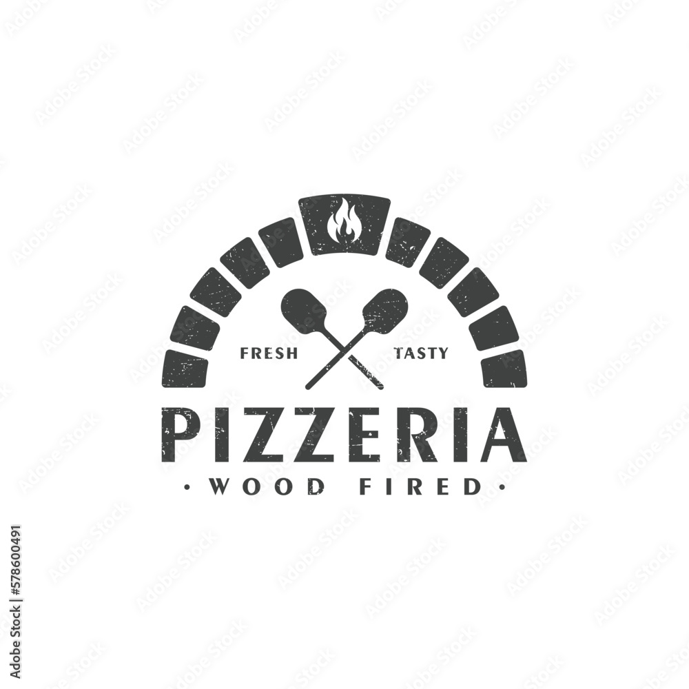 Wood fired brick oven with crossed shovel vintage style, pizza logo ...