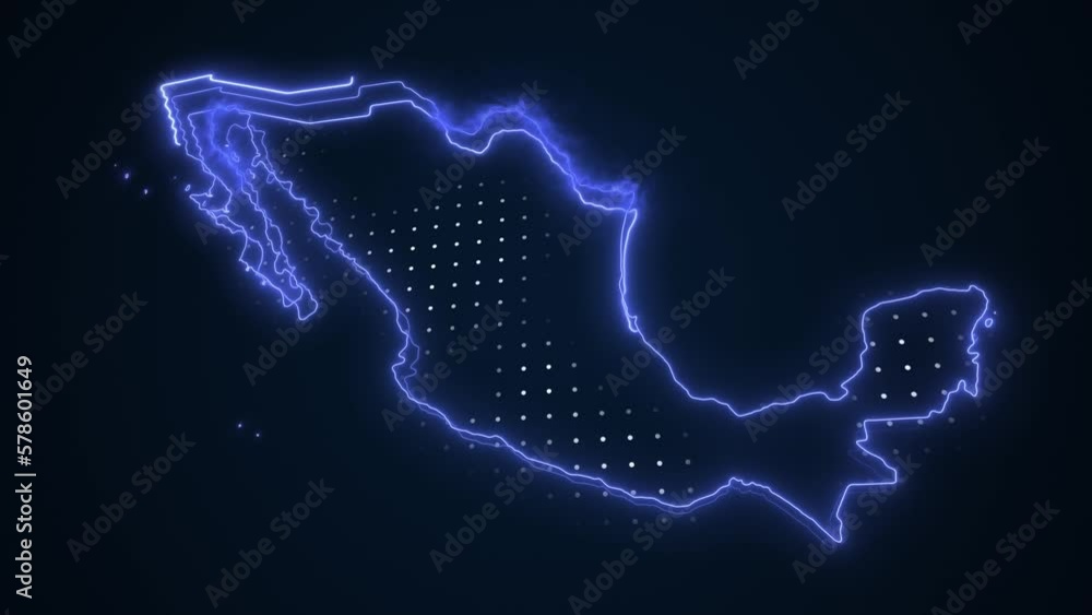 3D Moving Neon Blue Mexico Map Borders Outline Loop Background. Neon ...