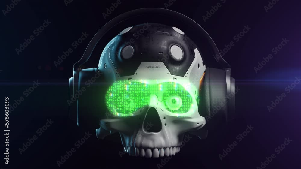 Crazy Neural Networks. Futuristic human skull in headphones. with ...