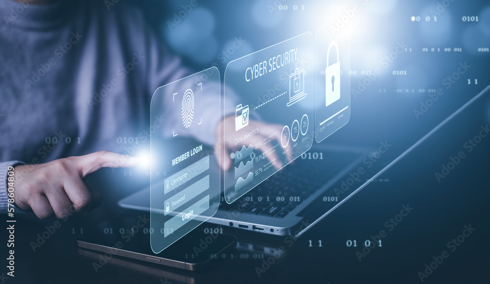 Foto de Cyber security and Security password login online concept Hands ...