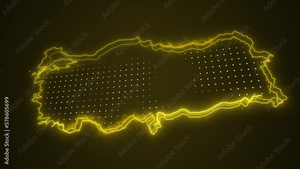 3D Moving Neon Yellow Turkey Map Borders Outline Loop Background. Neon ...