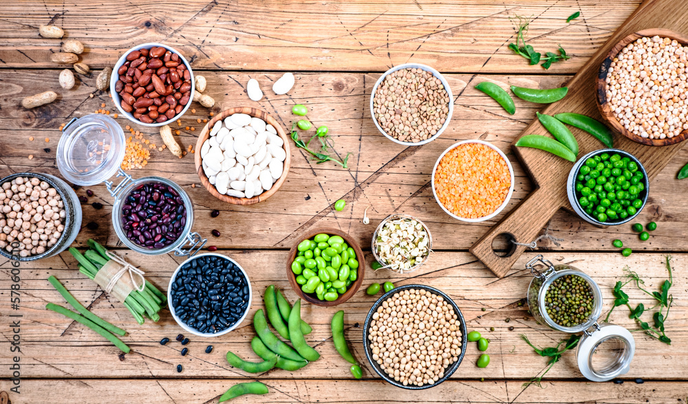 Legumes, beans and sprouts. Dried, raw and fresh, top view. Lentils ...
