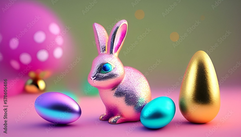 Easter pink glitter bunny and Easter gold glitter egg on a blurred ...
