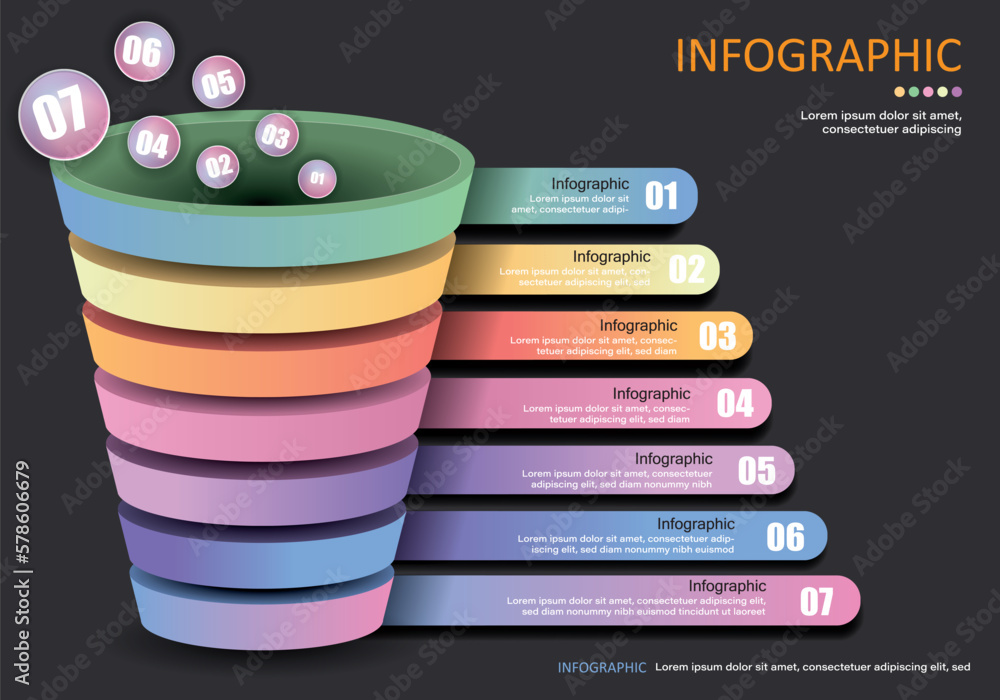 Vector glass cone infographic divided into 7 layers, 7 steps ...