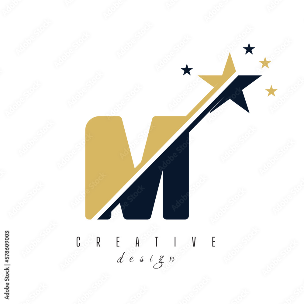 Initial M monogram letter alphabet with swoosh and star logo icon. Abstract star logo sign ...