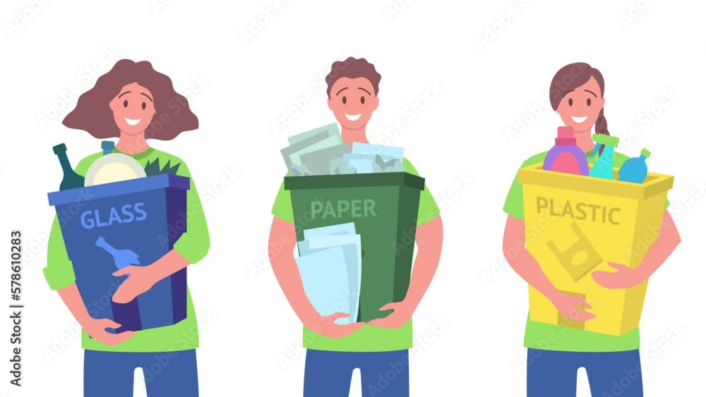 Cartoon Color Characters People Holding Trash Bins Set Recycling Waste ...