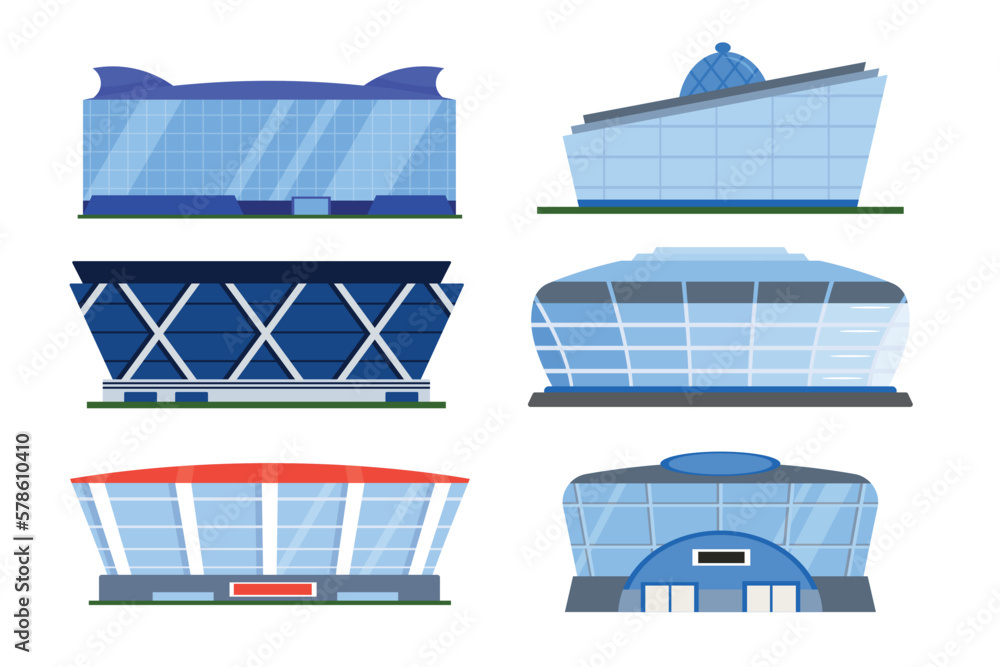 Set of different stadiums, football arenas in a cartoon style. Vector ...