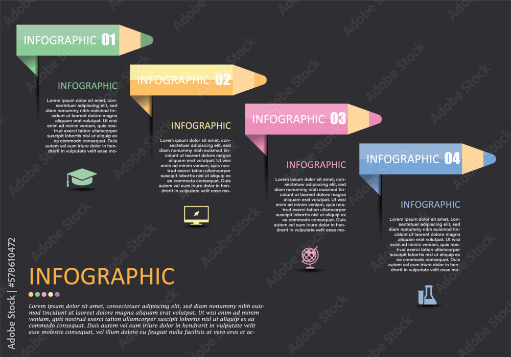 Vector infographic with 4 steps 4 style with pencil shaped header ...
