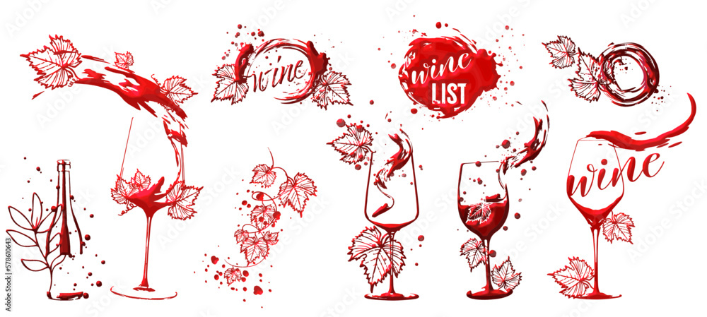 WINE LIST template - Hand drawn elements. Wine design collection for ...