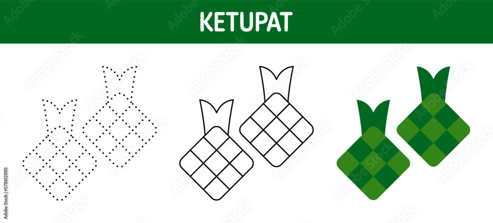 Ketupat tracing and coloring worksheet for kids Stock Vector | Adobe Stock