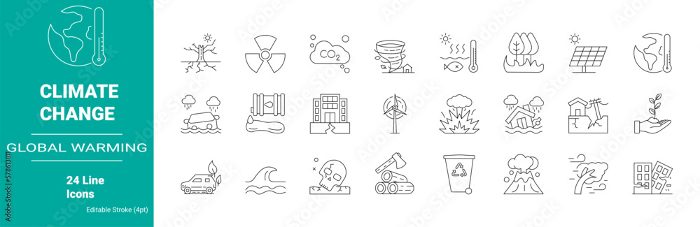 Set of climate change line icons for web. Catastrophe, cataclysm ...