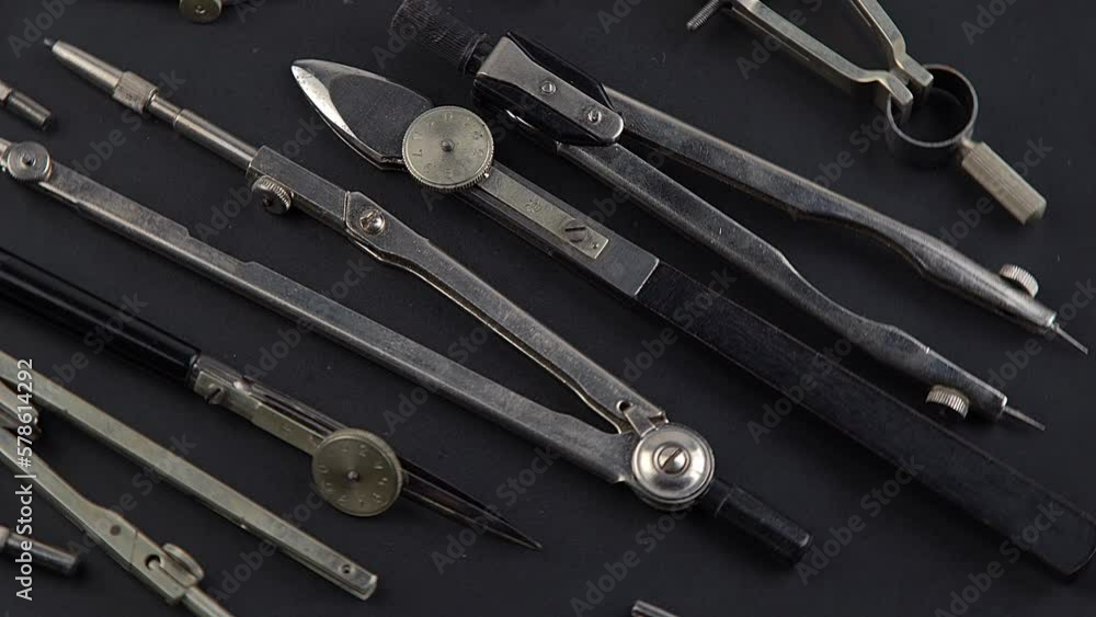 Compass for drawing. Set of old different compasses. Retro metal ...