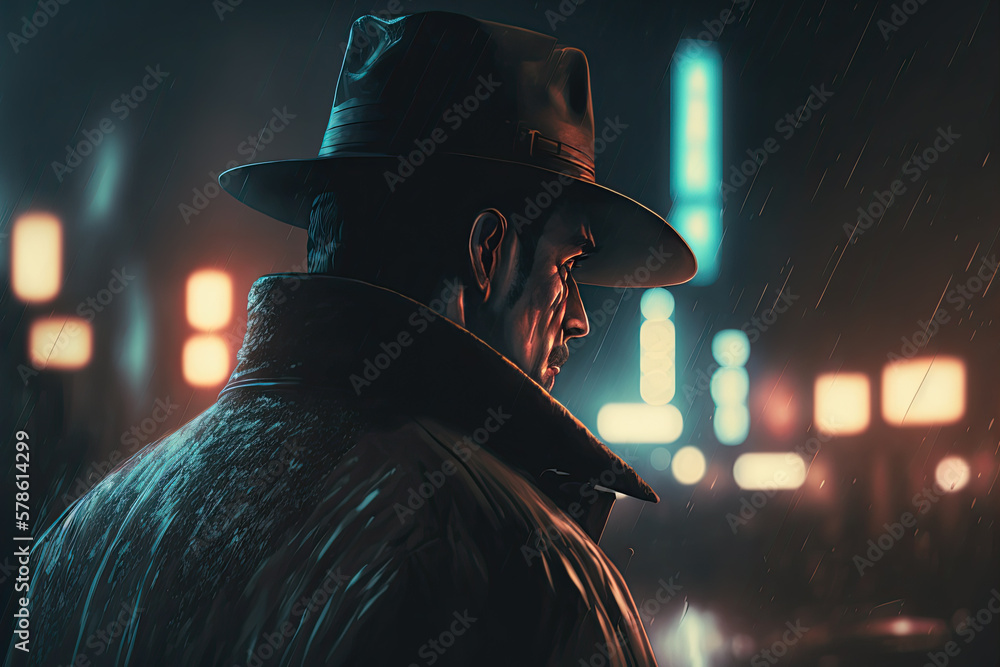 portrait of male detective in noir style in a raincoat and hat in a ...