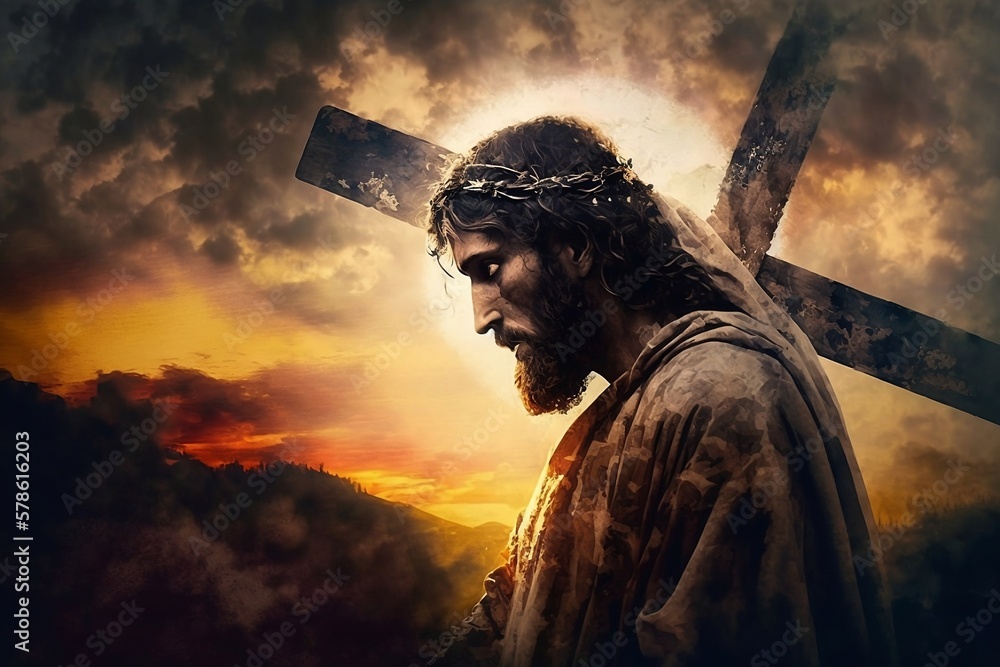 Jesus carrying the cross of suffering that symbolizes Stock ...