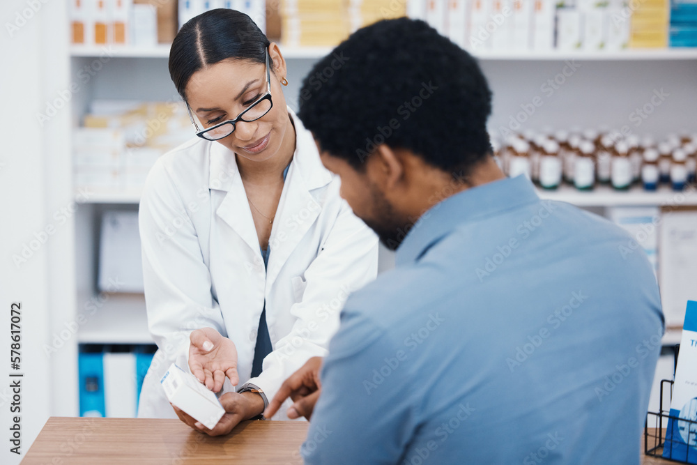Pharmacist, woman or helping customer with medicine information, pills ...