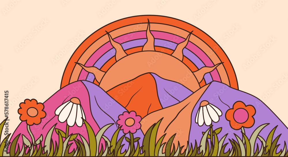 Vecteur Stock Colorful groovy mountains and rainbow illustration in 70s ...