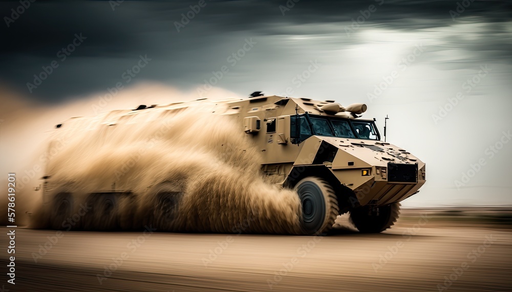 Fast moving military vehicle on the duty in a desert. Generative AI ...