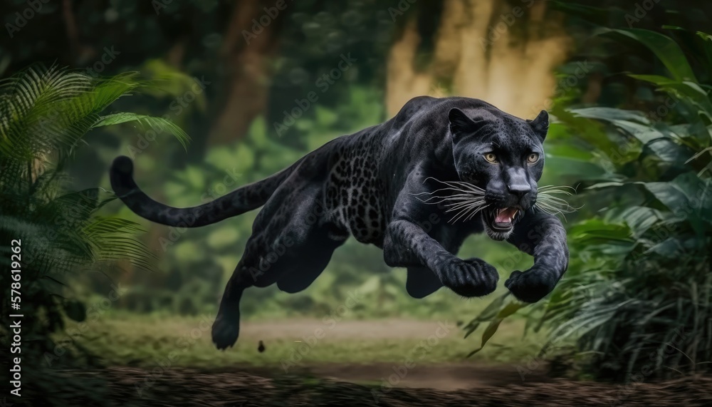 Angry panther in the jungle during a jump while hunting its prey ...