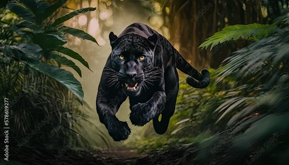 Angry panther in the jungle during a jump while hunting its prey ...
