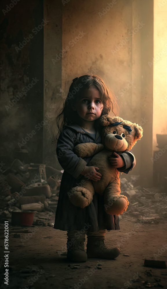 child girl with a plush toy in destroyed bombed city. concept no war ...
